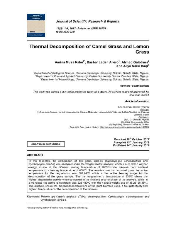 (PDF) Thermal Decomposition of Camel Grass and Lemon Grass