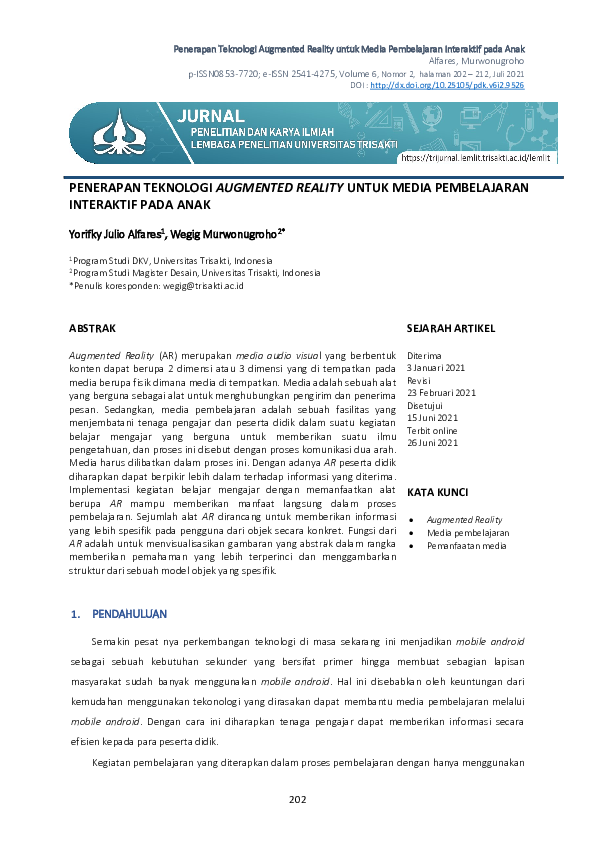 (PDF) Penerapan Teknologi Augmented Reality Untuk Media Pembelajaran ...