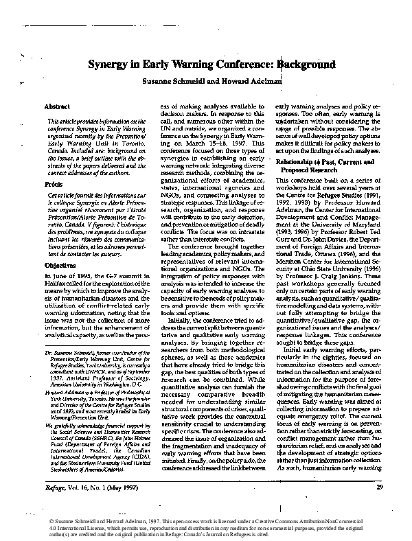 (PDF) Synergy in Early Warning Conterence: Background | Howard Adelman ...