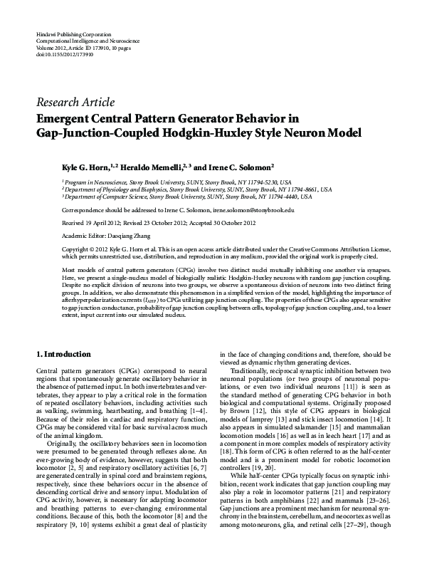 (PDF) Emergent Central Pattern Generator Behavior in Gap-Junction-Coupled Hodgkin-Huxley Style ...