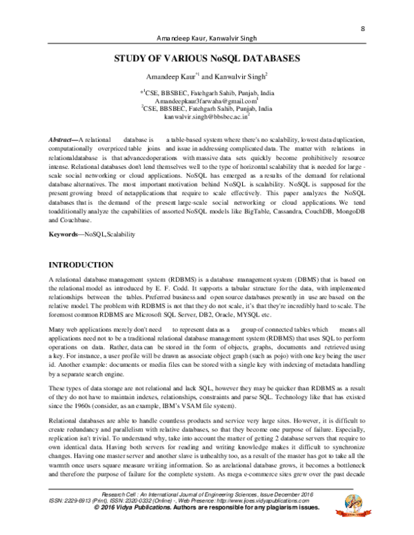 (PDF) STUDY OF VARIOUS NoSQL DATABASES