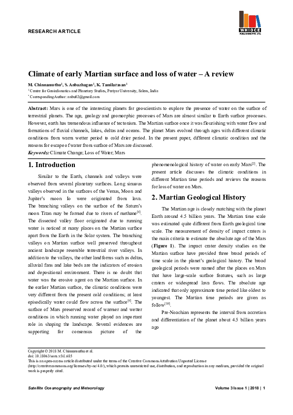 (PDF) Climate of early Martian surface and loss of water – A review