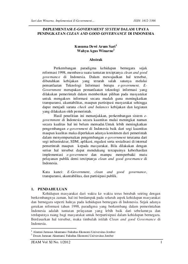 (PDF) Implementasi E-Government System Dalam Upaya Peningkatan Clean and Good Governancedi Indonesia