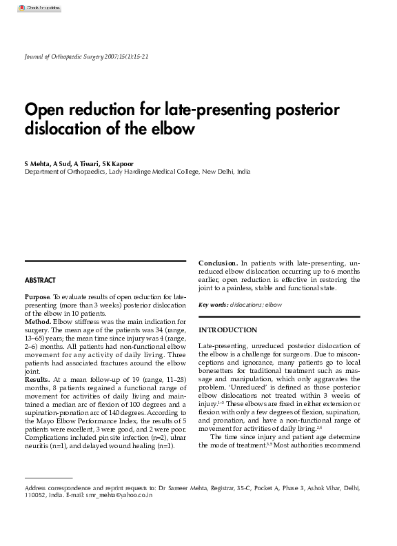 (PDF) Open Reduction Outcomes for Late Elbow Dislocation Surgery