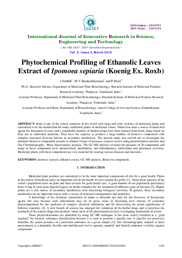 (PDF) Phytochemical Profiling of Ethanolic Leaves Extract of Ipomoea sepiaria (Koenig Ex. Roxb)