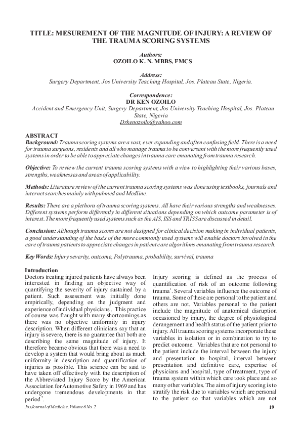 (PDF) Title: Mesurement of the Magnitude of Injury: A Review of the ...
