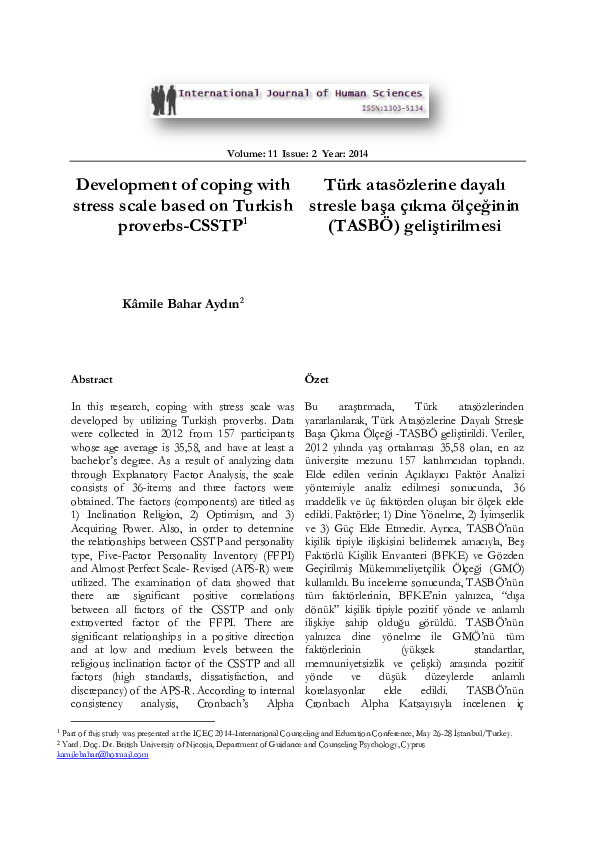 (PDF) Development of coping with stress scale based on Turkish proverbs ...
