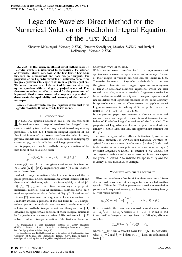 (PDF) Legendre Wavelets Direct Method for the Numerical Solution of Fredholm Integral Equation ...