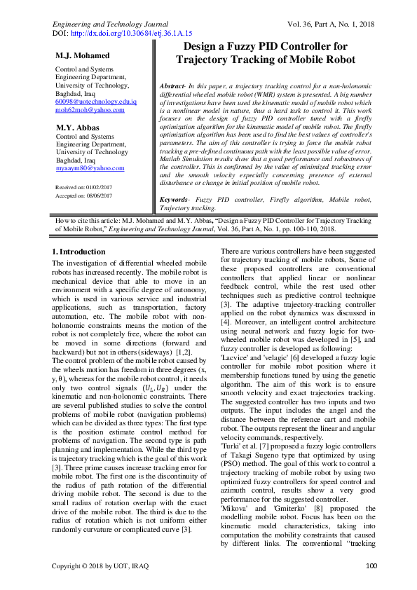Pdf Design A Fuzzy Pid Controller For Trajectory Tracking Of Mobile Robot