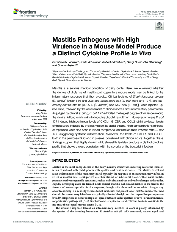 (PDF) Mastitis Pathogens with High Virulence in a Mouse Model Produce a ...