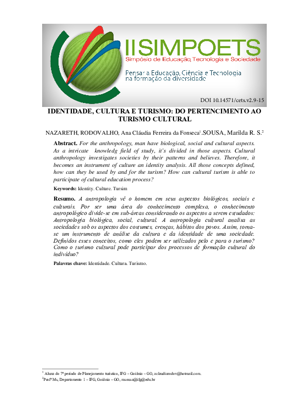 (PDF) Identidade, Cultura e Turismo: Do Pertencimento Ao Turismo Cultural