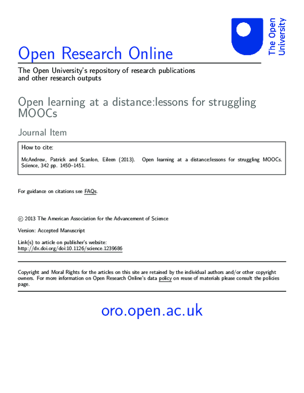 (PDF) Open Learning at a Distance: Lessons for Struggling MOOCs