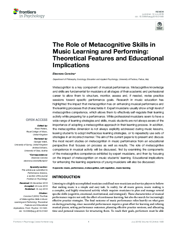 Pdf The Role Of Metacognitive Skills In Music Learning And Performing Theoretical Features