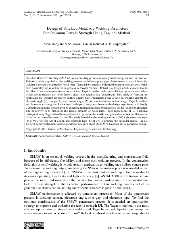 (PDF) Robust parameter design of shielded metal arc welding (smaw) for optimum tensile strength