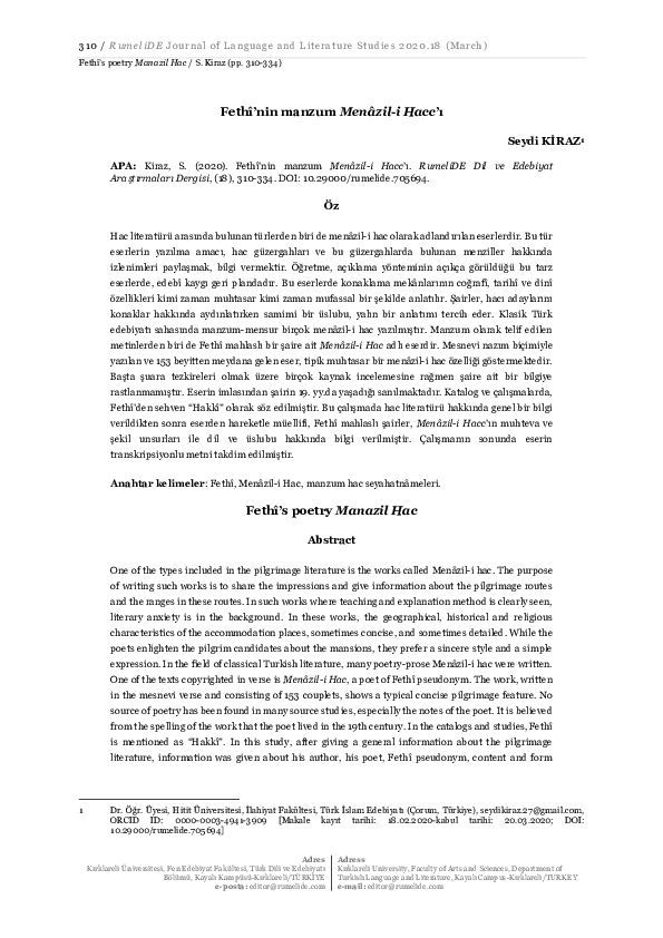 (PDF) Fethî’nin manzum Menâzil-i Hacc’ı