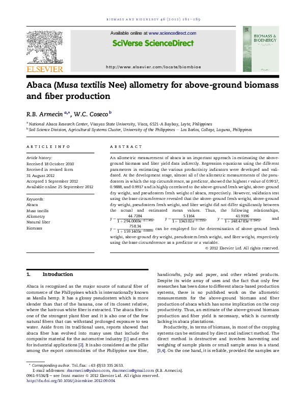 (PDF) Abaca (Musa textilis Nee) allometry for above-ground biomass and ...