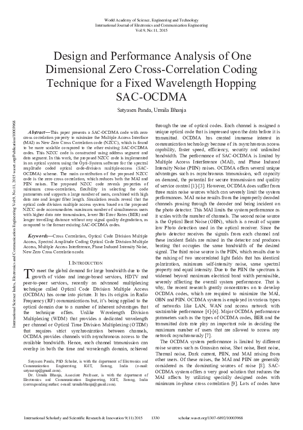 Pdf Design And Performance Analysis Of One Dimensional Zero Cross Correlation Coding Technique