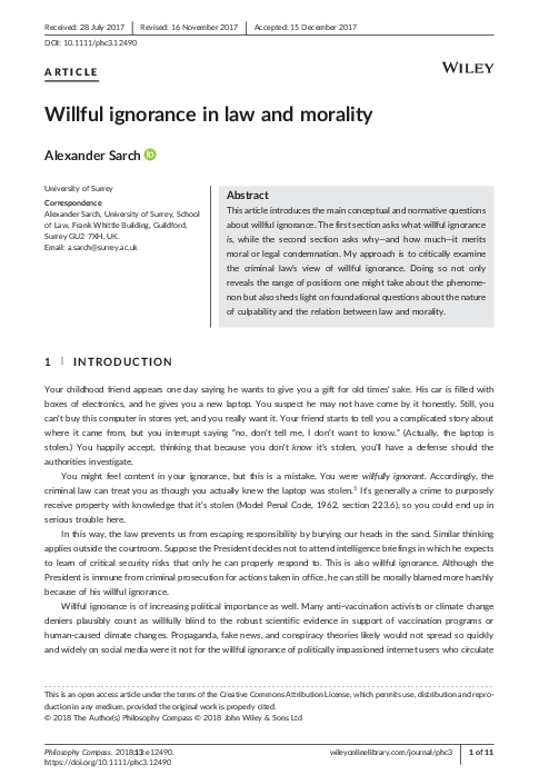 (PDF) Willful ignorance in law and morality
