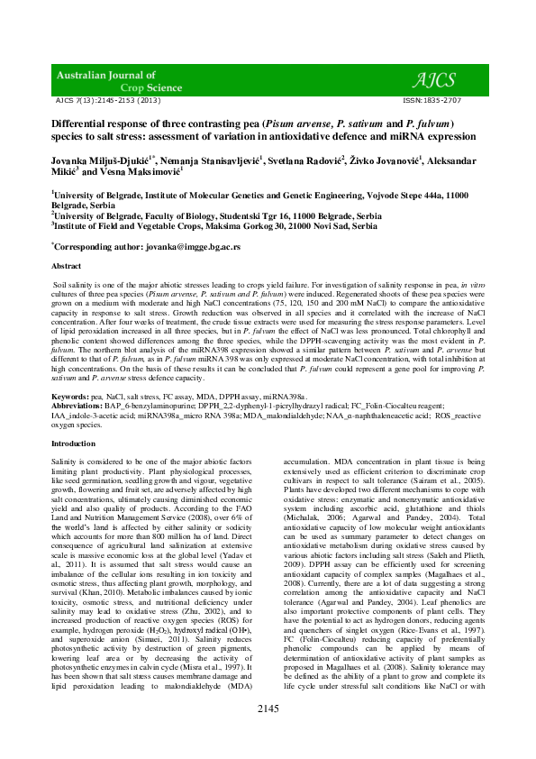 (PDF) Pea Responses to Salt Stress: Antioxidants & miRNA