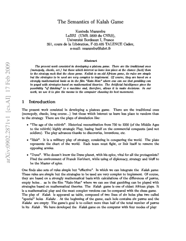 (PDF) The semantics of Kalah game