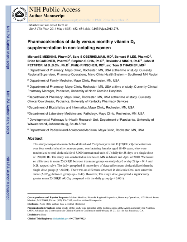 (PDF) Pharmacokinetics of daily versus monthly vitamin D3 ... (PDF) Pharmacokinetics of daily versus monthly vitamin D3 ...