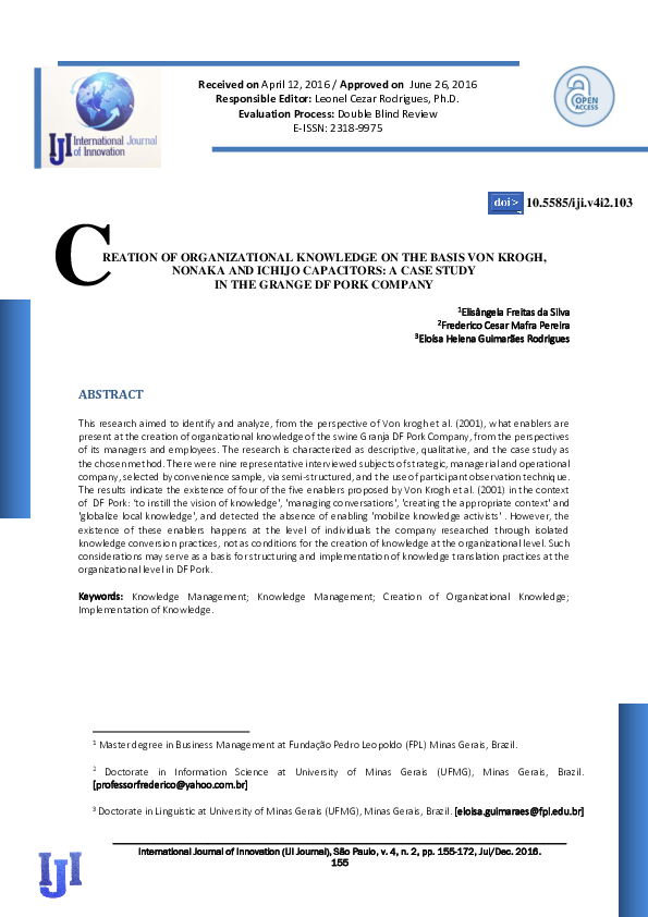 (PDF) Creation of Organizational Knowledge on the Basis Von Krogh, Nonaka and Ichijo Capacitors ...