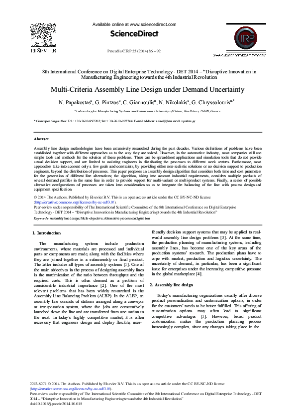 (PDF) Multi-criteria Assembly Line Design under Demand Uncertainty