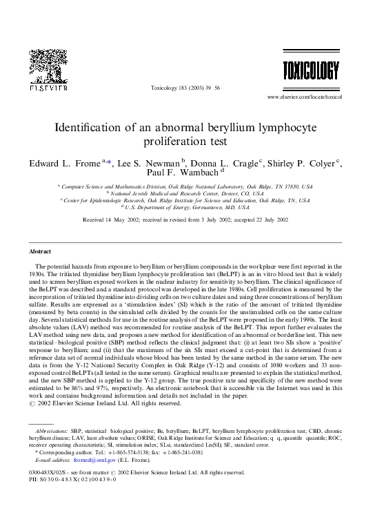 (PDF) Identification of an abnormal beryllium lymphocyte proliferation test
