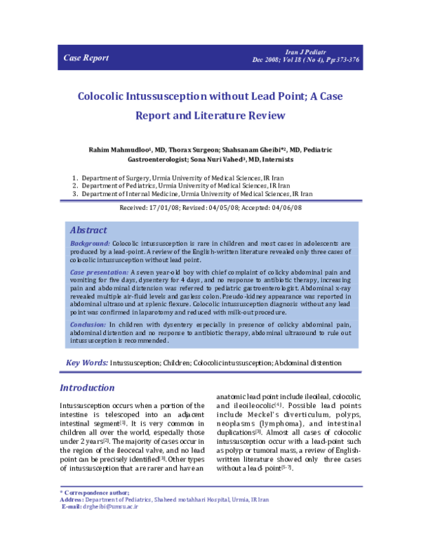 (PDF) Colocolic Intussusception without Lead Point; A Case Report and ...