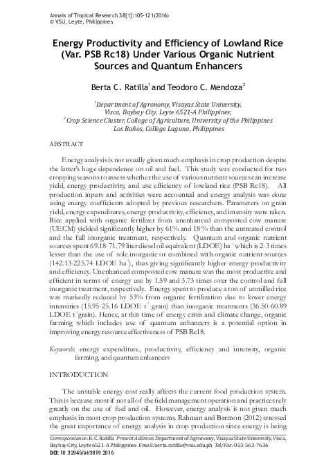 (PDF) Energy Productivity and Eﬃciency of Lowland Rice (Var. PSB Rc18 ...