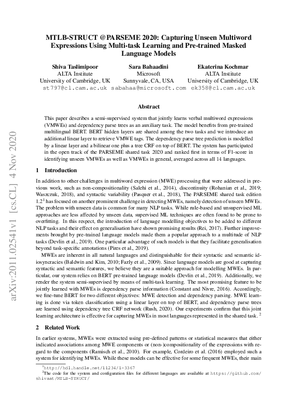 Pdf Mtlb Struct Parseme 2020 Capturing Unseen Multiword Expressions Using Multi Task