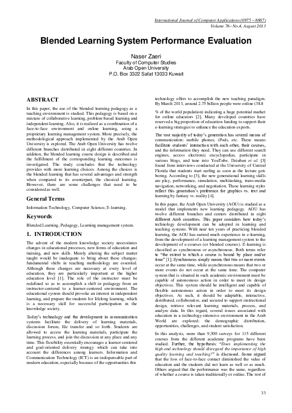 (PDF) Blended Learning System Performance Evaluation