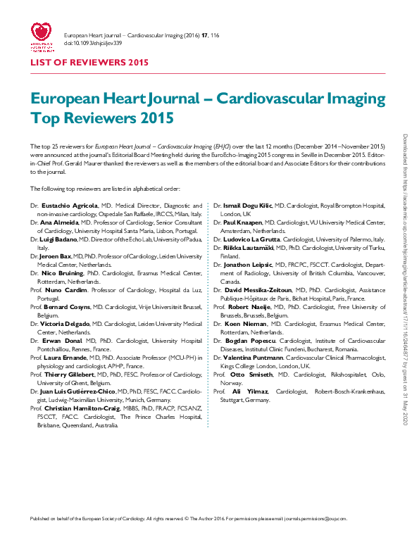 (PDF) European Heart Journal – Cardiovascular Imaging Top Reviewers ...