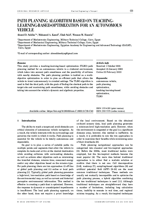 Pdf Path Planning Algorithm Based On Teachinglearning Based Optimization For An Autonomous Vehicle 