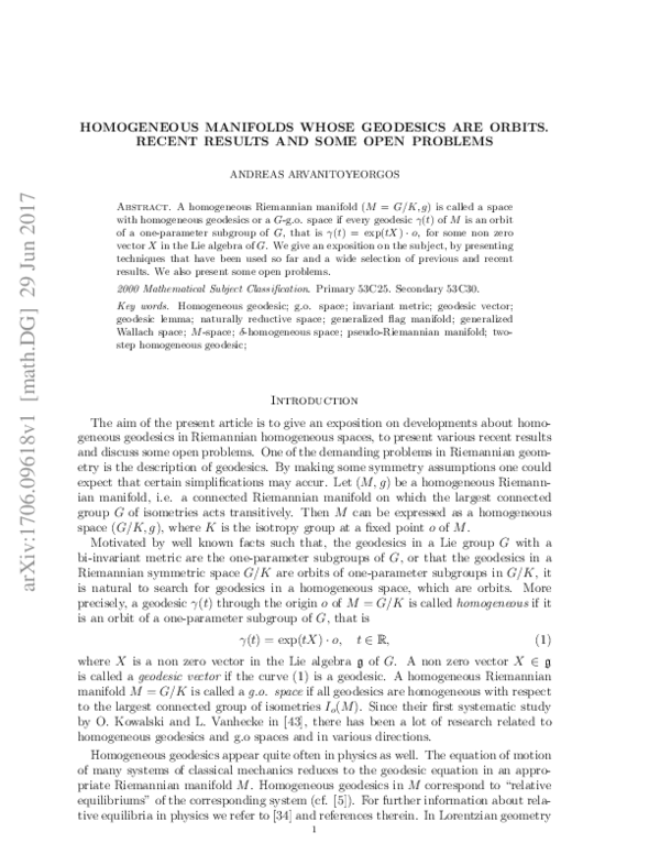 (PDF) Homogeneous manifolds whose geodesics are orbits. Recent results ...