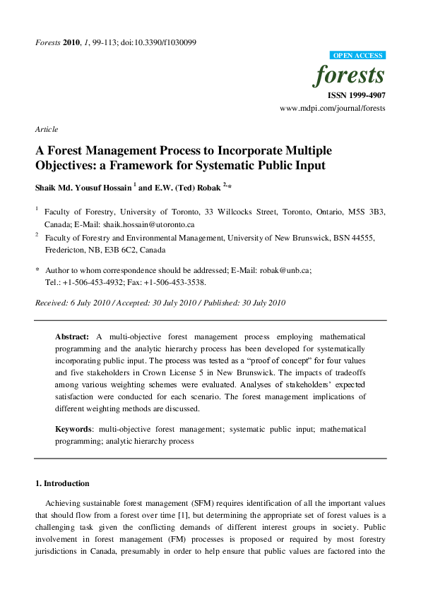 (PDF) A Forest Management Process to Incorporate Multiple Objectives: a ...
