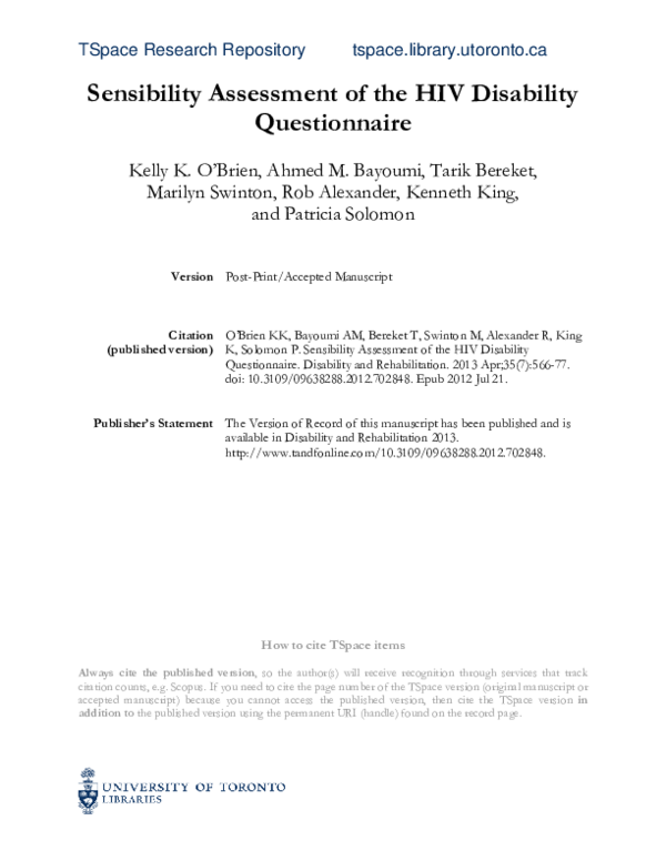 (PDF) Sensibility assessment of the HIV Disability Questionnaire