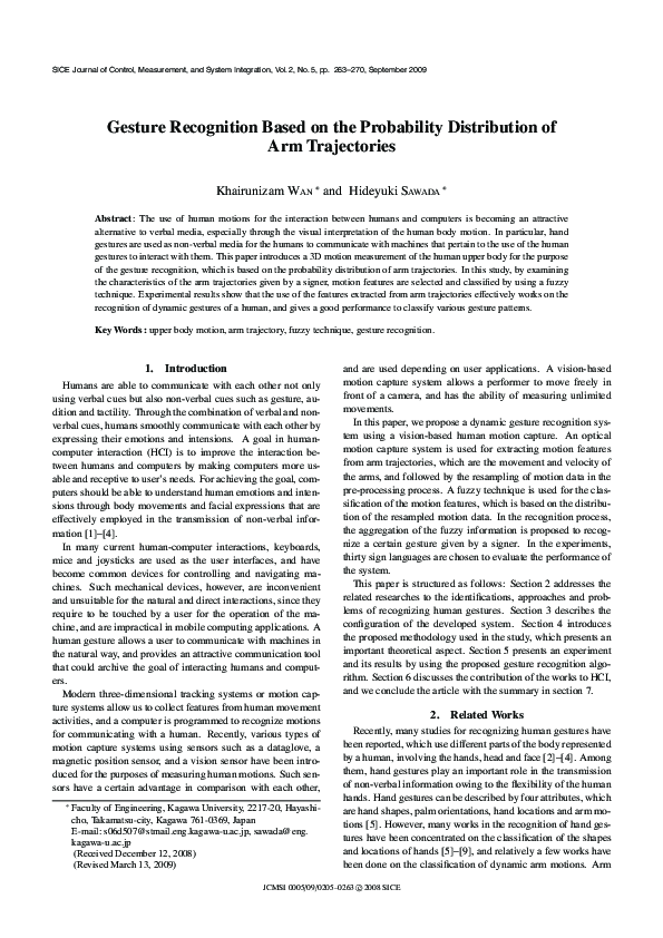 (PDF) Gesture Recognition Based on the Probability Distribution of Arm Trajectories