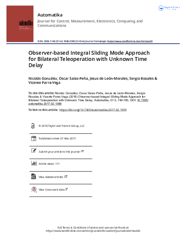 (PDF) Observer-based Integral Sliding Mode Approach for Bilateral Teleoperation with Unknown ...