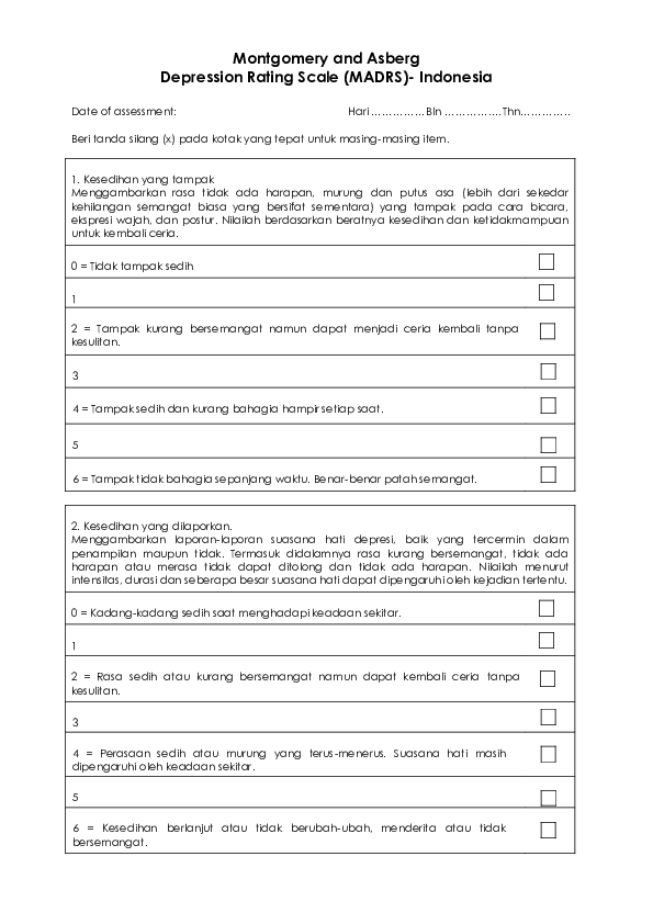 (PDF) Montgomery and Asberg Depression Rating Scale (MADRS)-Indonesia