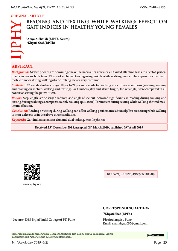 (PDF) Reading and Texting While Walking: Effect on Gait Indices in ...