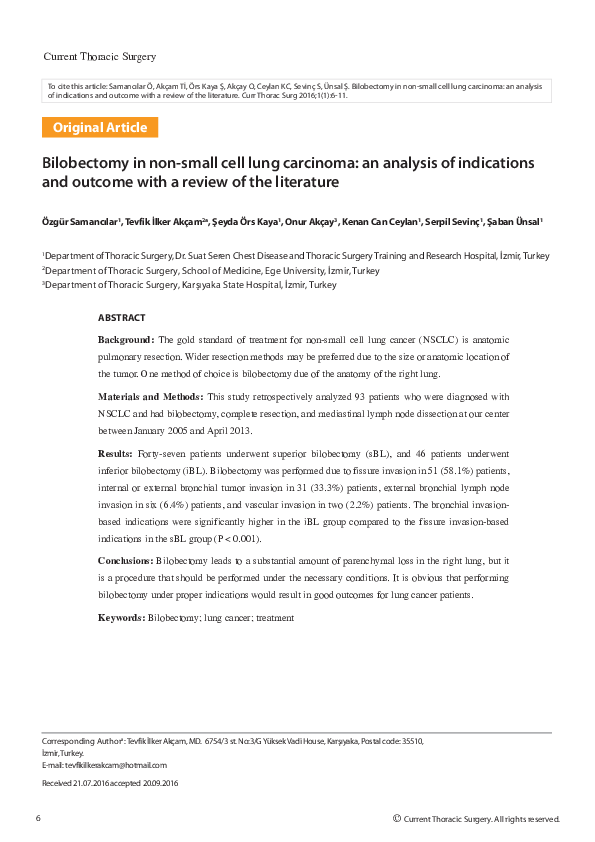 (PDF) Bilobectomy in non-small cell lung carcinoma: an analysis of ...