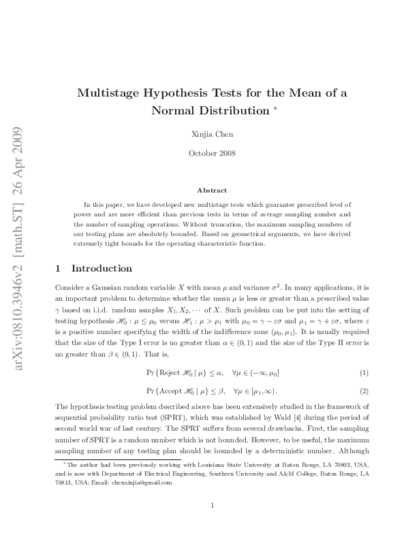 (PDF) Multistage Hypothesis Tests for the Mean of a Normal Distribution