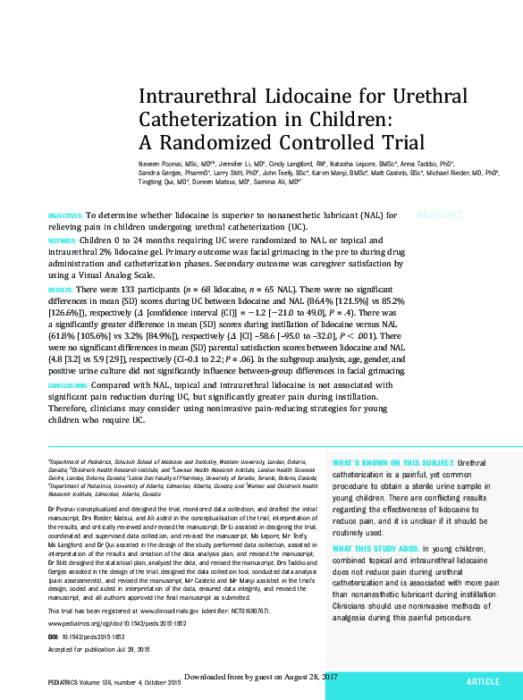(PDF) Intraurethral Lidocaine for Urethral Catheterization in Children ...