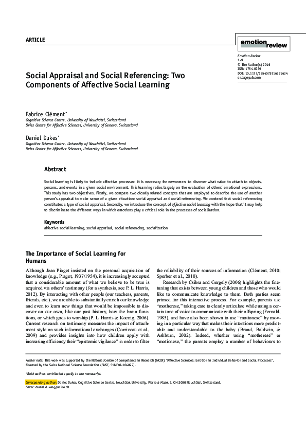 (PDF) Social Appraisal and Social Referencing: Two Components of ...