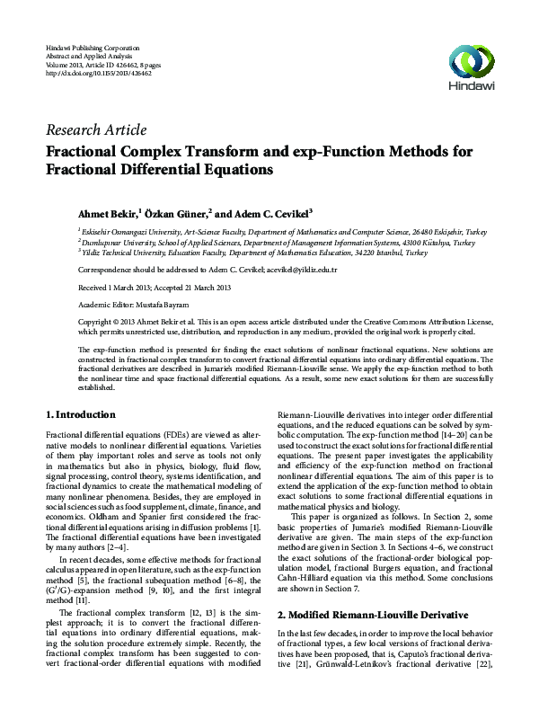 Pdf Fractional Complex Transform And Exp Function Methods For