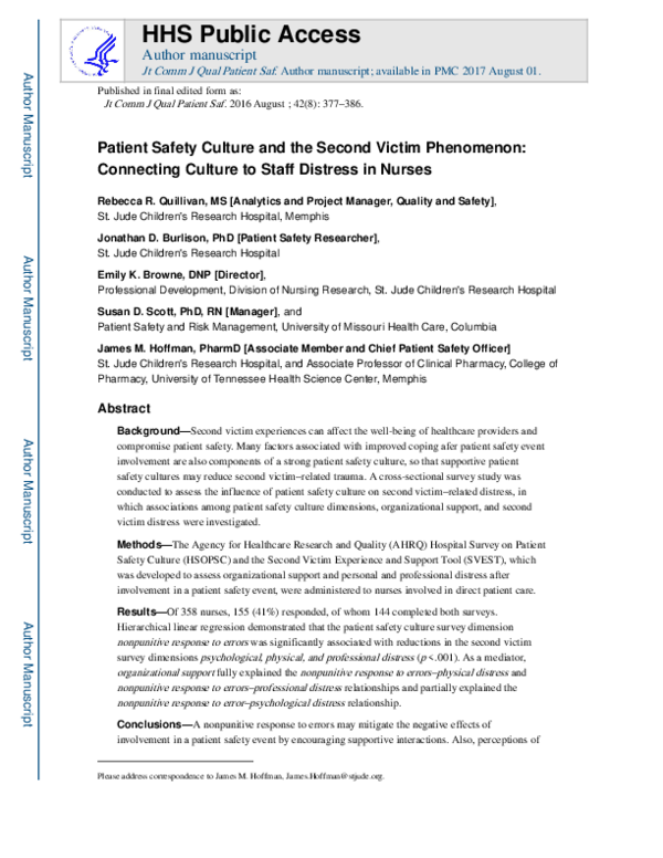 (PDF) Patient Safety Culture and the Second Victim Phenomenon ...