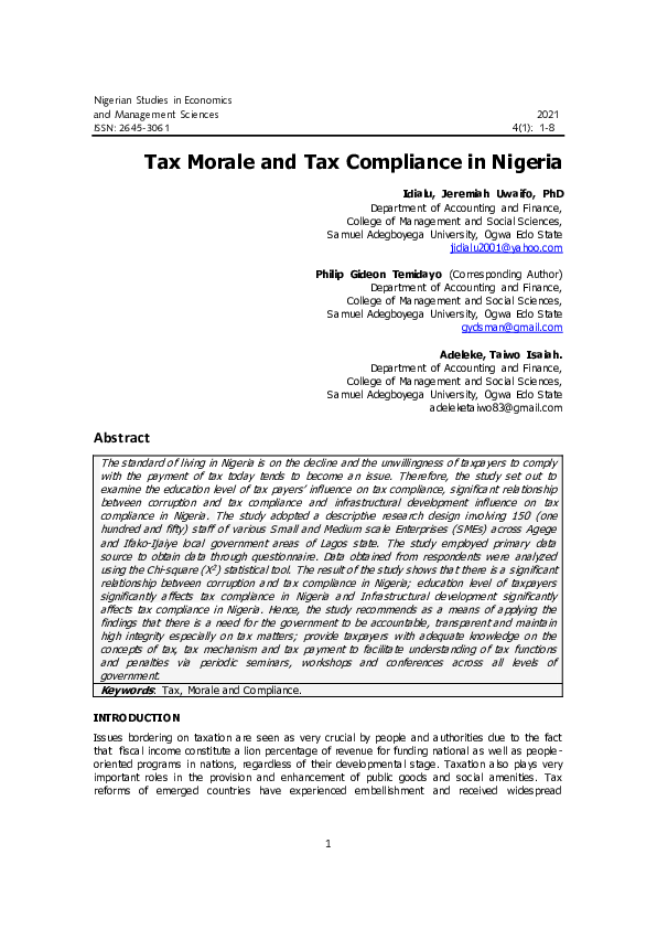 (PDF) Tax Morale and Tax Compliance in Nigeria