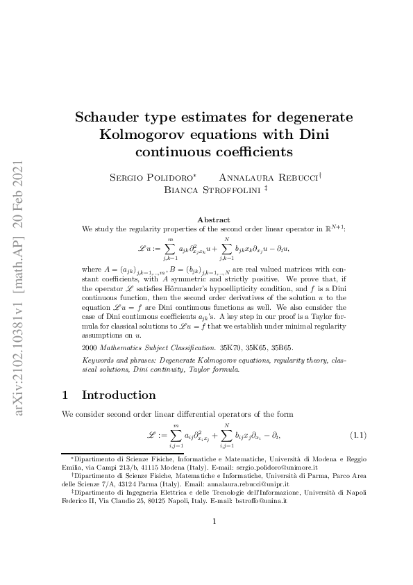 (PDF) Regularity of Degenerate Kolmogorov Equations with Dini Coefficients (PDF) Regularity of Degenerate Kolmogorov Equations with Dini Coefficients