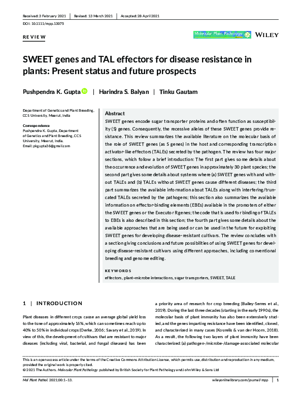 (PDF) SWEET genes and TAL effectors for disease resistance in plants ...